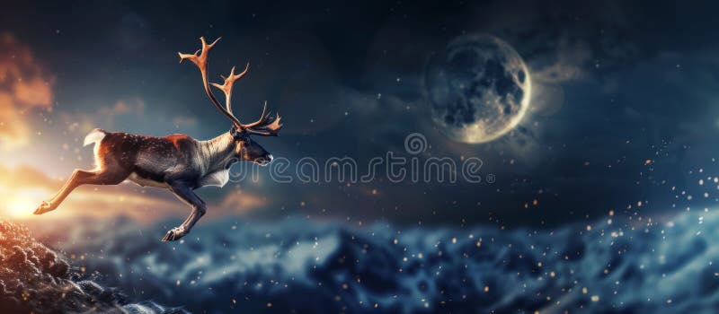 Flying Reindeer with Moonlit Background. Generative Ai Stock ...