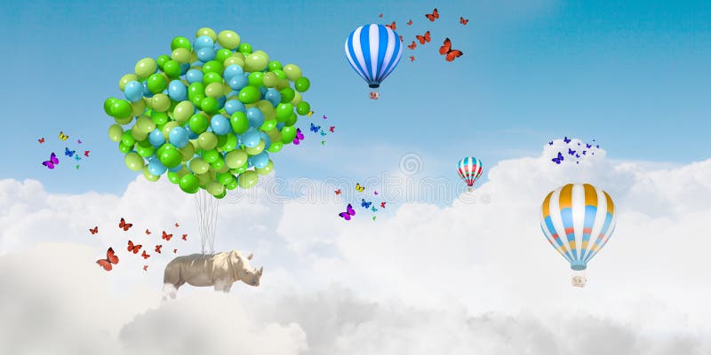 Rhino flying on balloons stock image. Image of happiness - 50174727