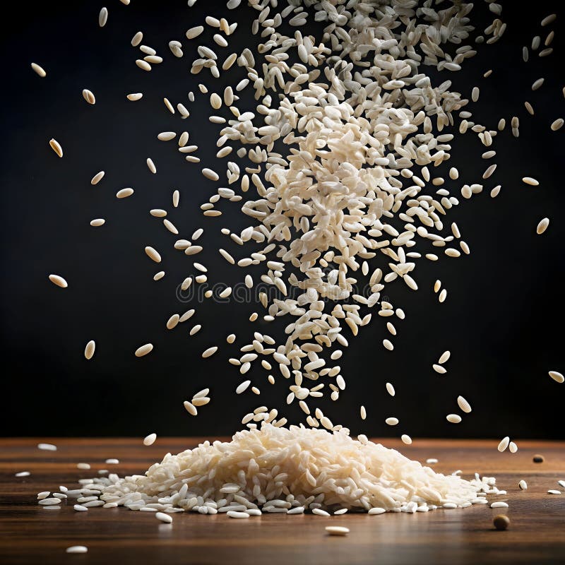 Flying Rice Grains Suspended in Mid-air Against a Black Background ...