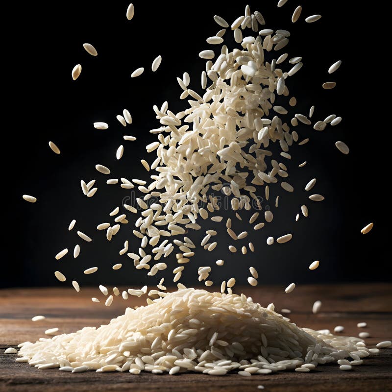 Flying Rice Grains Suspended in Mid-air Against a Black Background ...