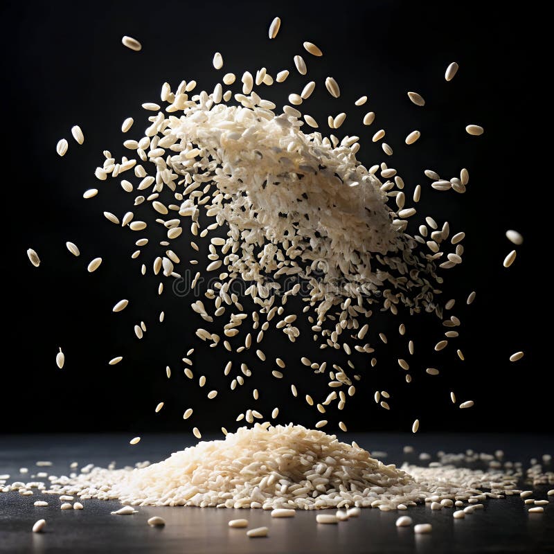 Flying Rice Grains Suspended in Mid-air Against a Black Background ...