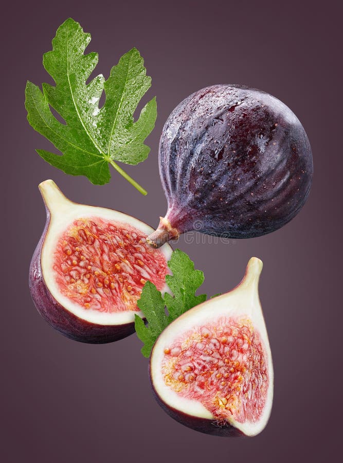 Flying Ripe Figs with Green Leaves Isolated on White Background Stock ...