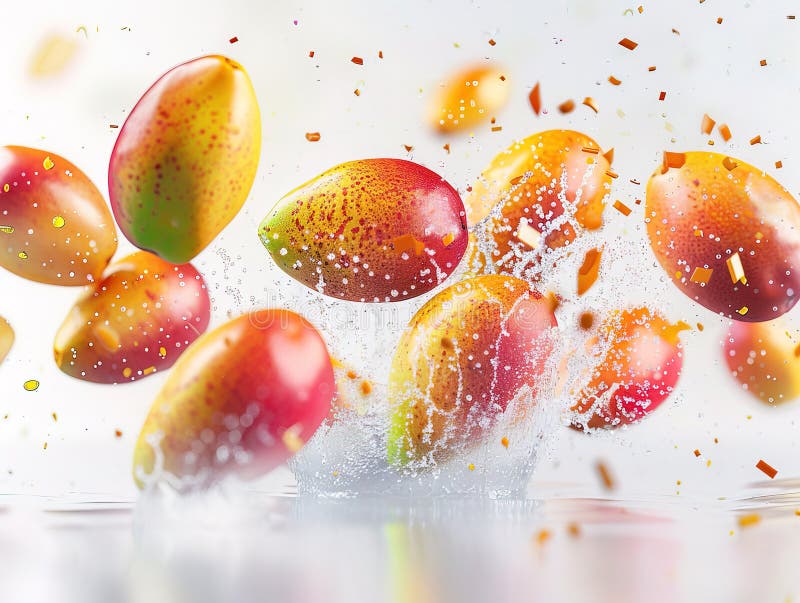 Flying Ripe Mango with Green Leaves Isolated on White Background. Mango ...