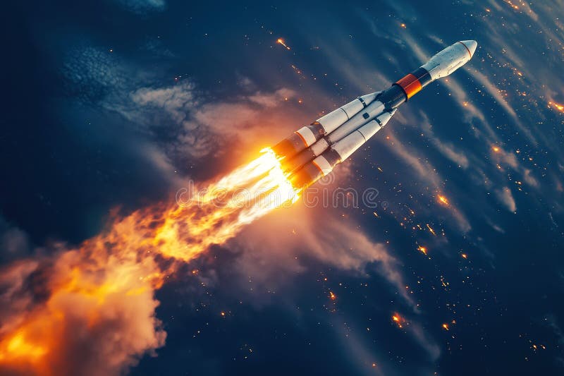 Flying Rocket Spaceship into Space on Background of Blue Sky Stock ...