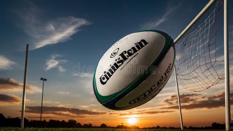 Flying Rugby Ball Heading for Goalposts with Motion Trails and Sunset ...