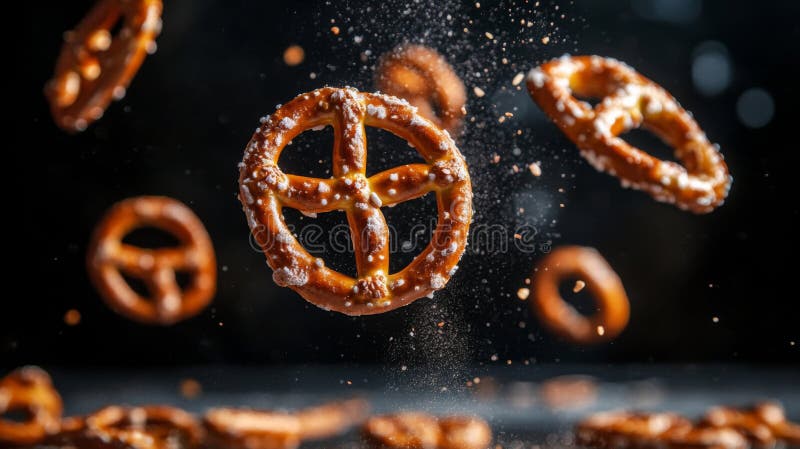 Flying Salted Pretzels on Dark Background Stock Illustration ...