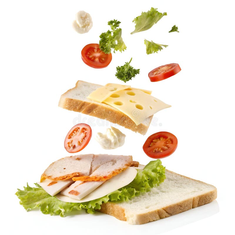 Flying Sandwich Ingredients Isolated on White Background Stock ...