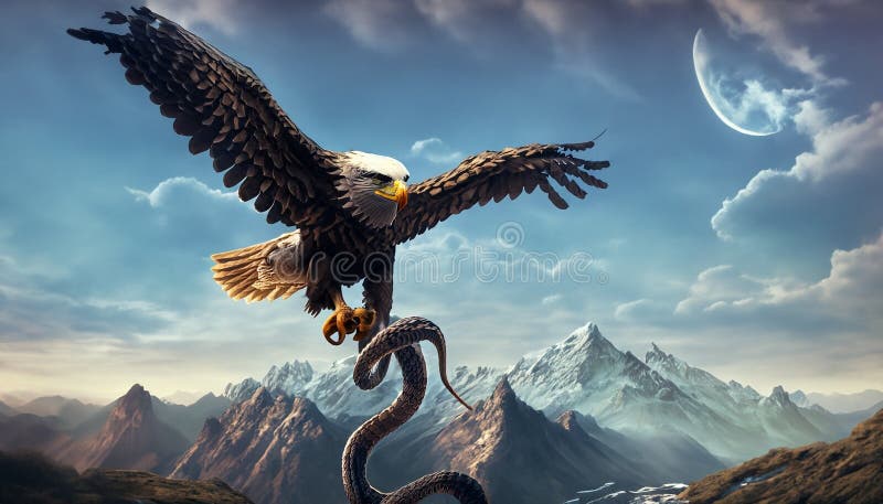 Flying Sea Eagle with Snake in Flint on Mountains Stock Illustration ...