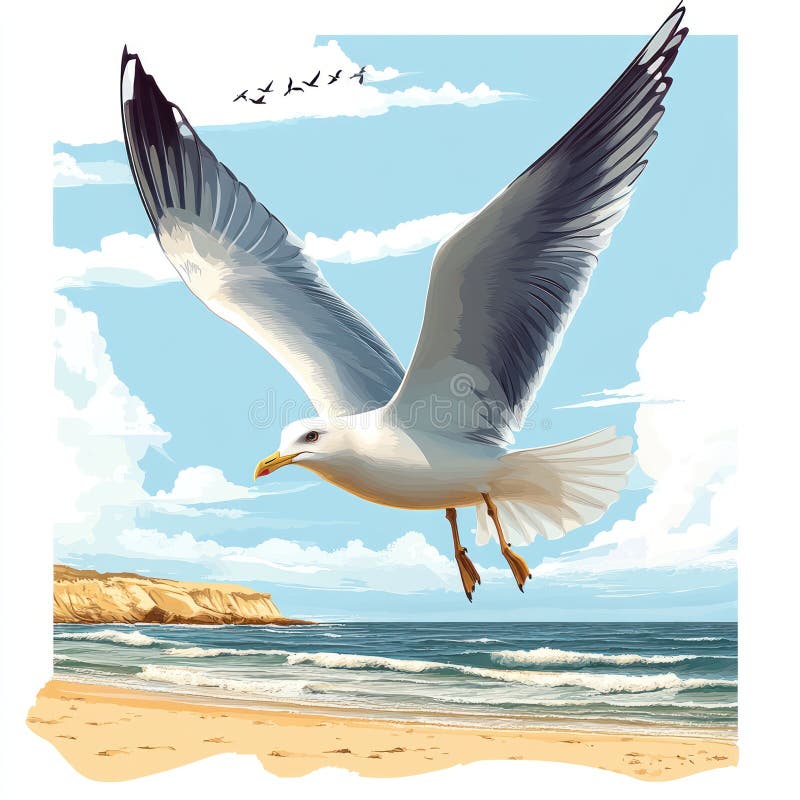 Flying Seagull Over Beach Scene with Birds Stock Illustration ...