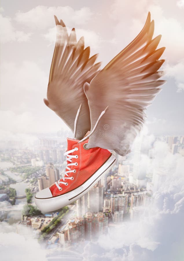 Flying Shoes with Wings. Red Sneaker in the Air Stock Photo - Image of ...