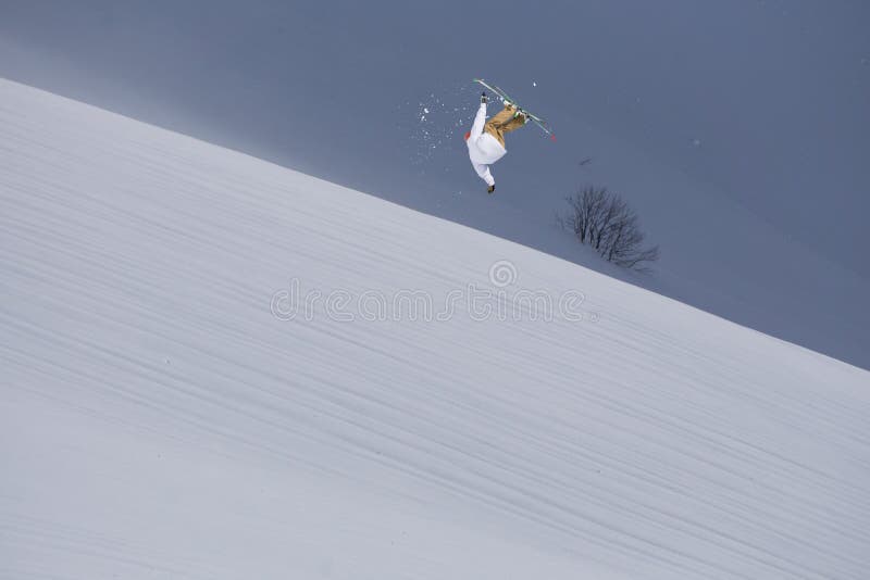 Flying Skier on Mountains. Extreme Sport Stock Image - Image of ...