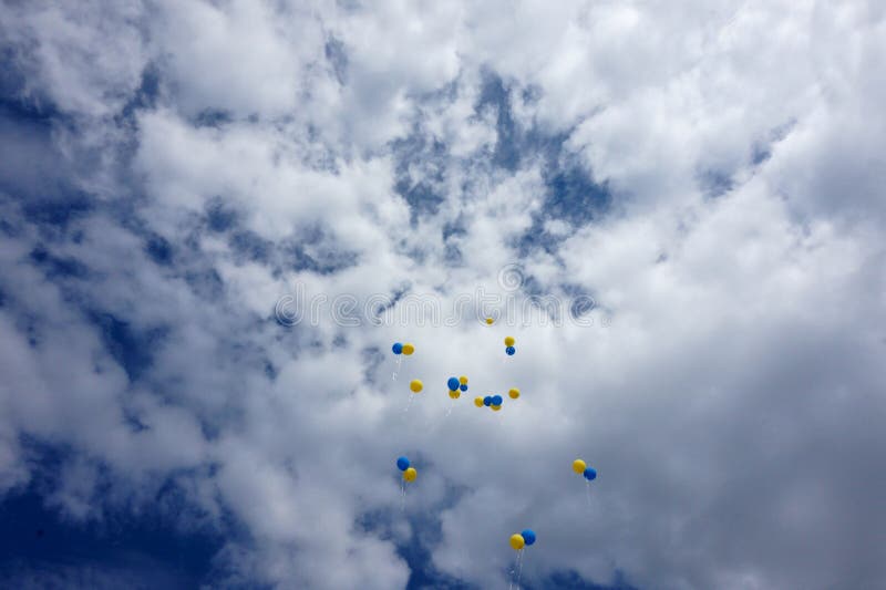 Flying in the Sky, Blue and Yellow Balloons. Stock Image - Image of ...