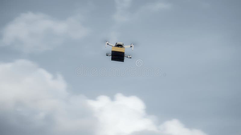 Flying on a Sky Delivery Drone with Holding a .cardboard Parcel Stock ...