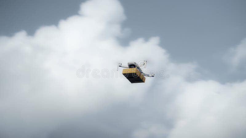 Flying on a Sky Delivery Drone with Holding a .cardboard Parcel Stock ...