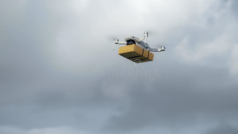 Flying on a Sky Delivery Drone with Holding a .cardboard Parcel Stock ...