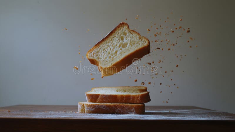 Flying Slice of Bread with Crumbs on Wooden Table Stock Illustration ...
