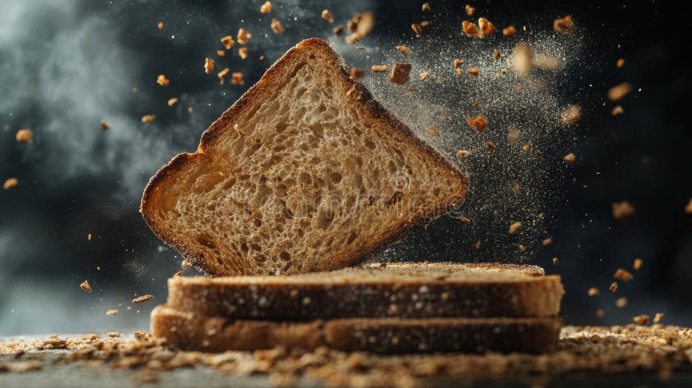 Flying Slice of Toasted Wheat Bread with Crumbs Stock Illustration ...