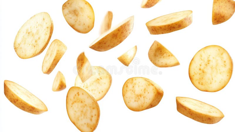 Flying Sliced Potatoes Isolated on White Background Generative AI Stock ...