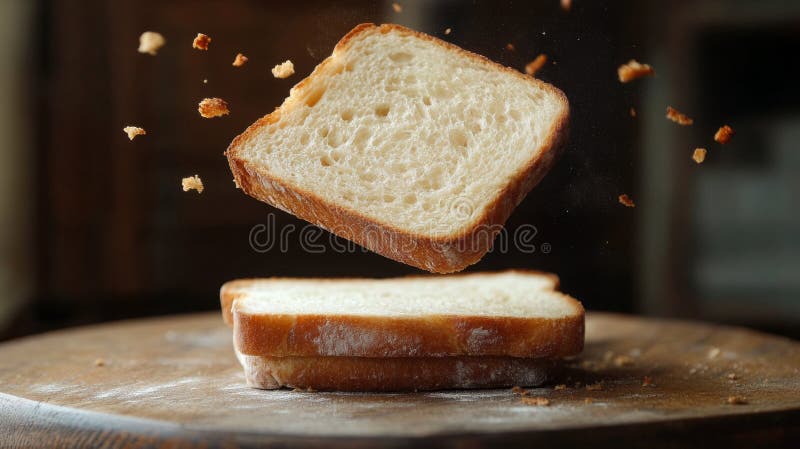 Flying Slices of White Bread on Wooden Board Stock Illustration ...