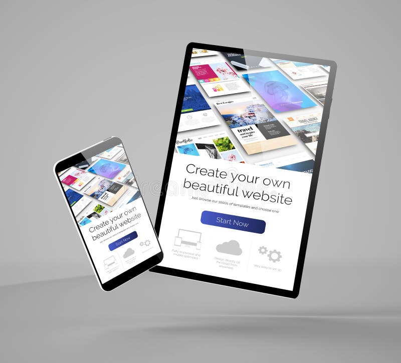 Flying Smartphone and Tablet with Website Builder Mockup Stock ...