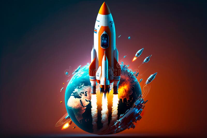 Flying Space Rocket in Space Around the Planets. Spaceship Launch Stock ...