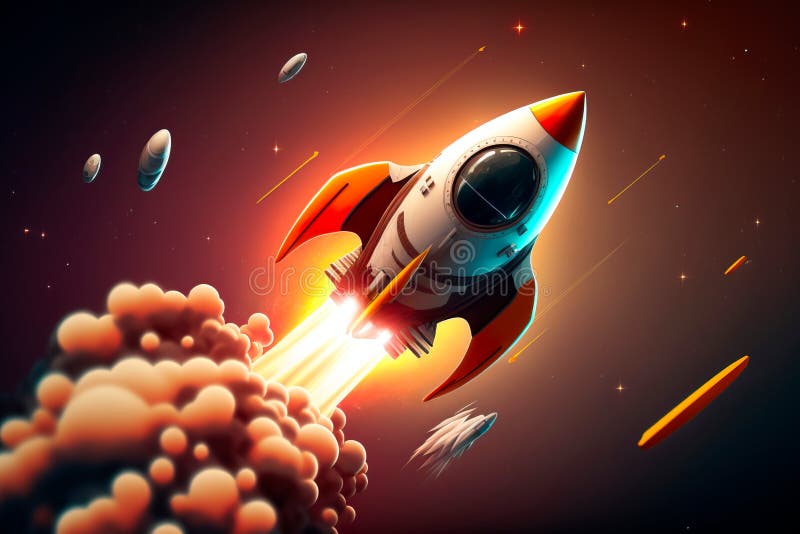 Flying Space Rocket in Space Around the Planets. Spaceship Launch Stock ...