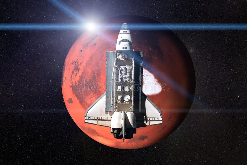 Flying Space Shuttle Close To the Mars Planet of Solar System Stock ...