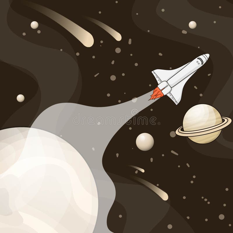 Flying Space Shuttle on Space with Planets and Asteroid in Cartoon ...