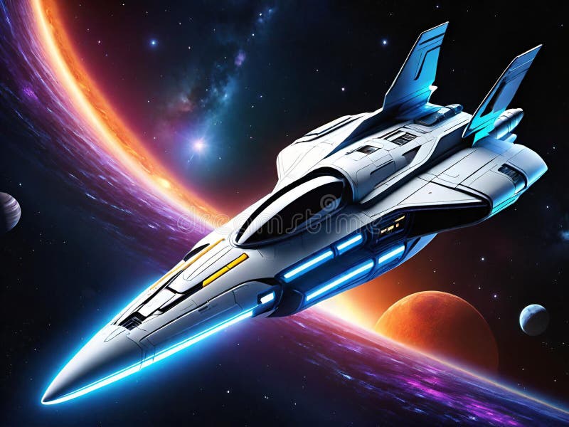 Flying Space Spaceship with Space Ship on the Background of the Planet ...