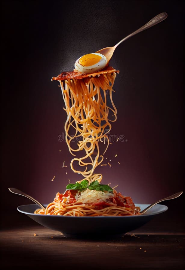 Flying Spaghetti with Chicken and Vegetables in a Pan on Black ...