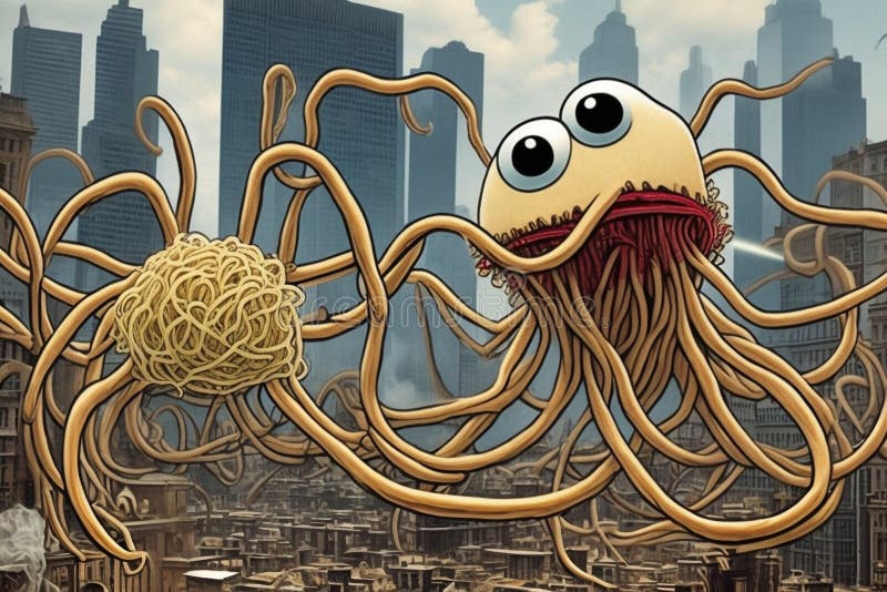 Flying Spaghetti Monster Attacks a City Stock Illustration ...