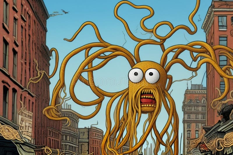 Flying Spaghetti Monster Attacks a City Stock Illustration ...