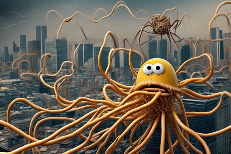 Flying Spaghetti Monster Attacks a City Stock Illustration ...