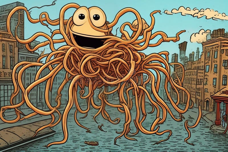 Flying Spaghetti Monster Attacks a City Stock Illustration ...