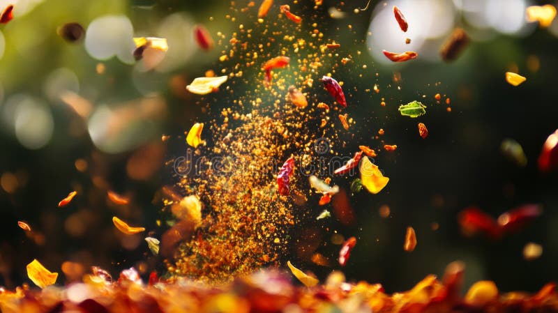 Flying Spices and Autumn Leaves Explosion Stock Illustration ...