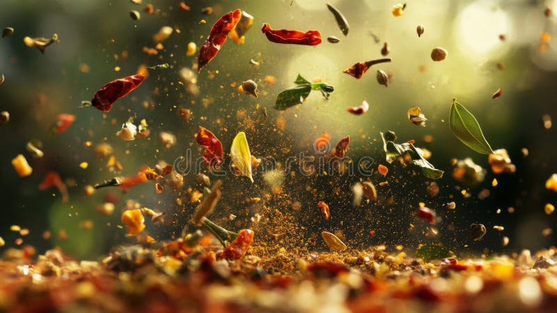 Flying Spices and Herbs Against a Blurred Background Stock Illustration ...