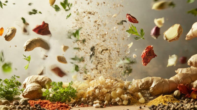 Flying Spices and Herbs Culinary Still Life Stock Illustration ...