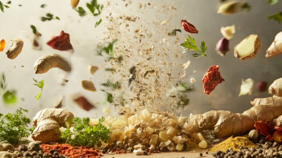 Flying Spices and Herbs Culinary Still Life Stock Illustration ...