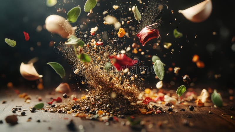 Flying Spices and Herbs Explosion on Dark Background Stock Illustration ...