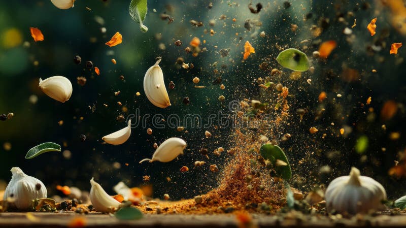 Flying Spices and Herbs with Garlic Cloves Stock Illustration ...