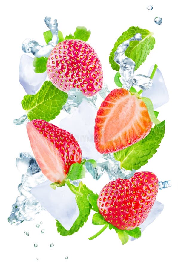 Flying Strawberries with Ices and Mint Leaves Stock Image - Image of ...