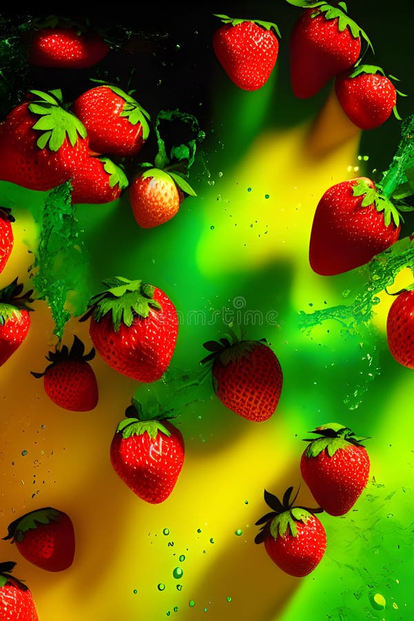 Flying a Strawberry Slices with Water Splashing, Generative Ai Stock ...