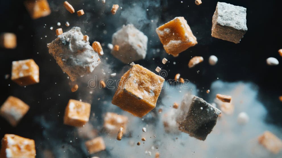 Flying Sugar Cubes Explosion Against Dark Background Stock Illustration ...