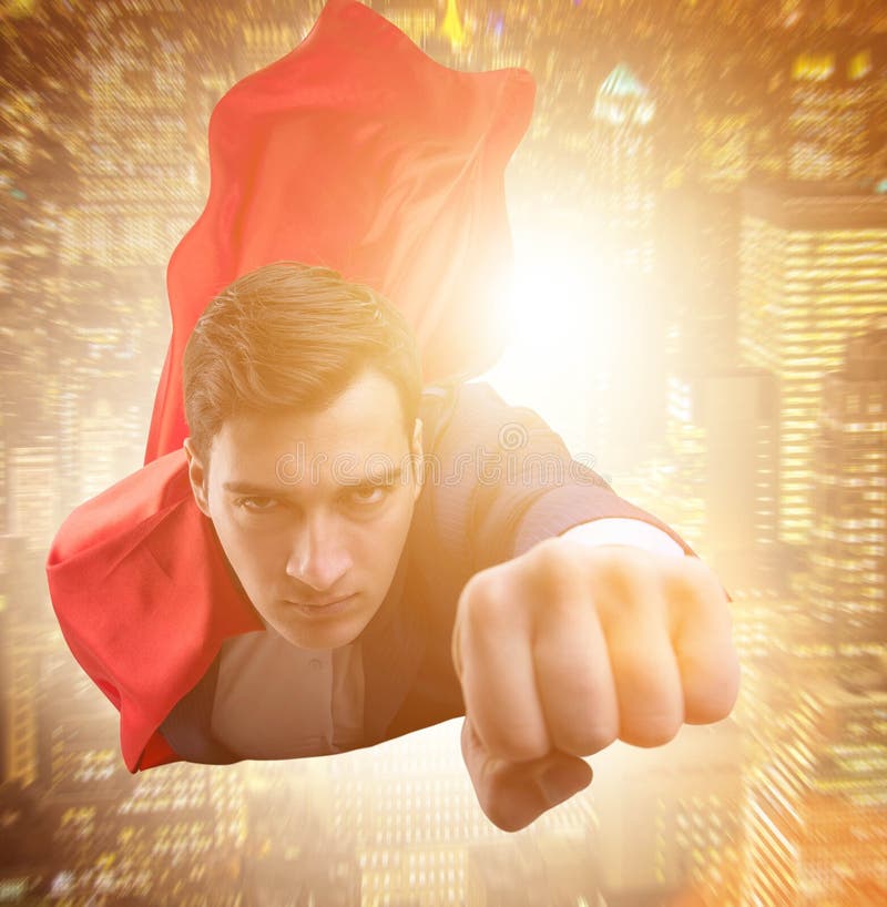 Flying Super Hero Over the City Stock Image - Image of male, macho ...