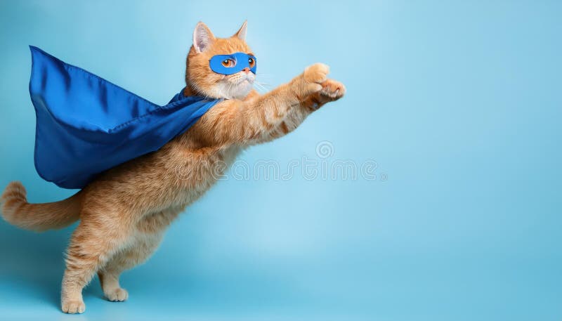 Flying Superhero Cat Adorable Orange Tabby Kitty in Blue Cloak and Mask ...