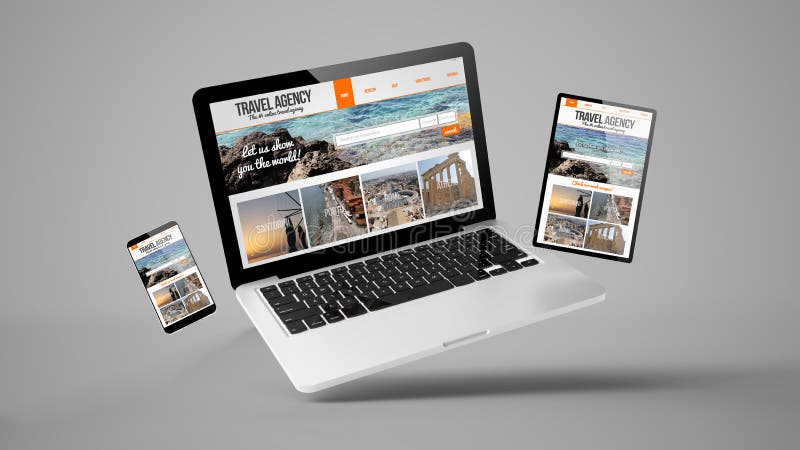 Flying Tablet, Laptop and Mobile Phone Showing Travel Agency Responsive ... Flying Tablet, Laptop and Mobile Phone Showing Travel Agency Responsive ...