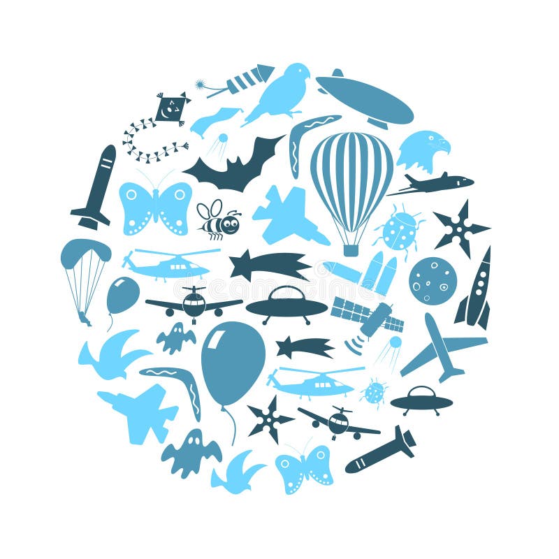 Flying Theme Blue Symbols and Icons Set in Circle Eps10 Stock Vector ...