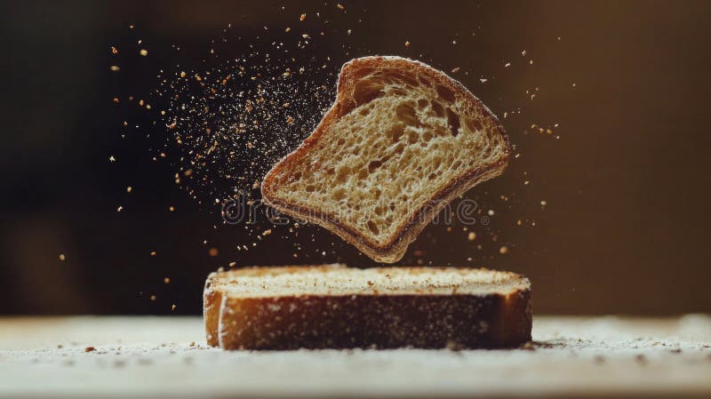 Flying Toast with Crumbs on Dark Background Stock Illustration ...