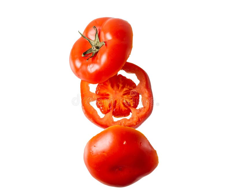 Flying Tomato Slices on a White Background. Levitation of Fresh Red ...