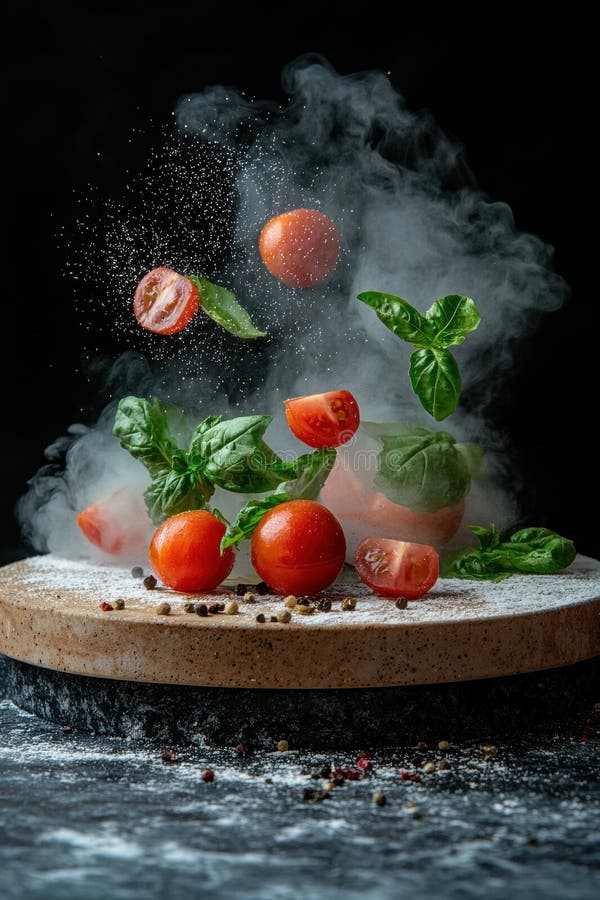 Flying Tomatoes and Basil Leaves with Smoke Effect Stock Illustration ...